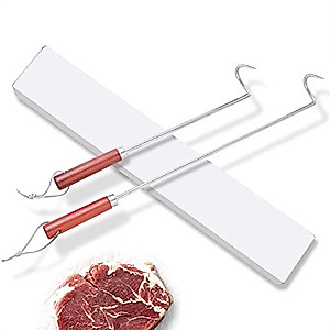 LQLMCOS Food Flipper Turner Hooks Stainless Steel BBQ Meat Hooks Cooking Barbecue Turners Hooks Grill Accessories with Wooden Handle for Grilling & Smoking (Style B - Right Handed)
