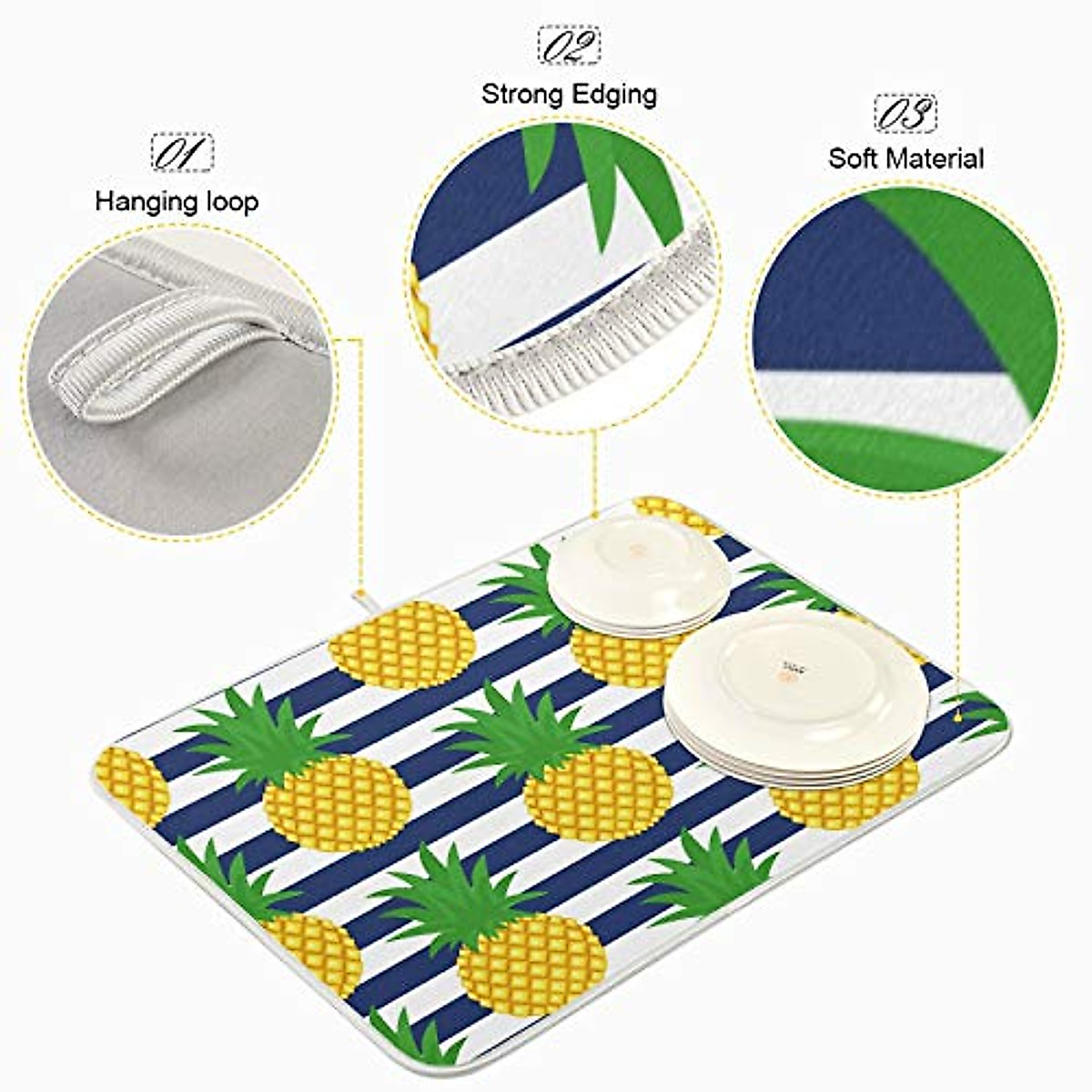 Striped Pineapple Pattern Dish Drying Mat 24"x18" Absorbent Machine Washable Hanging Fast Dry Pad Dish Protective Mat for Kitchen Countertop Heat Resistant Dinner Table Mat