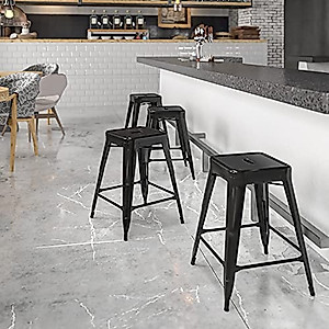 Flash Furniture Kai Commercial Grade 24" High Backless Black Metal Indoor-Outdoor Counter Height Stool with Square Seat