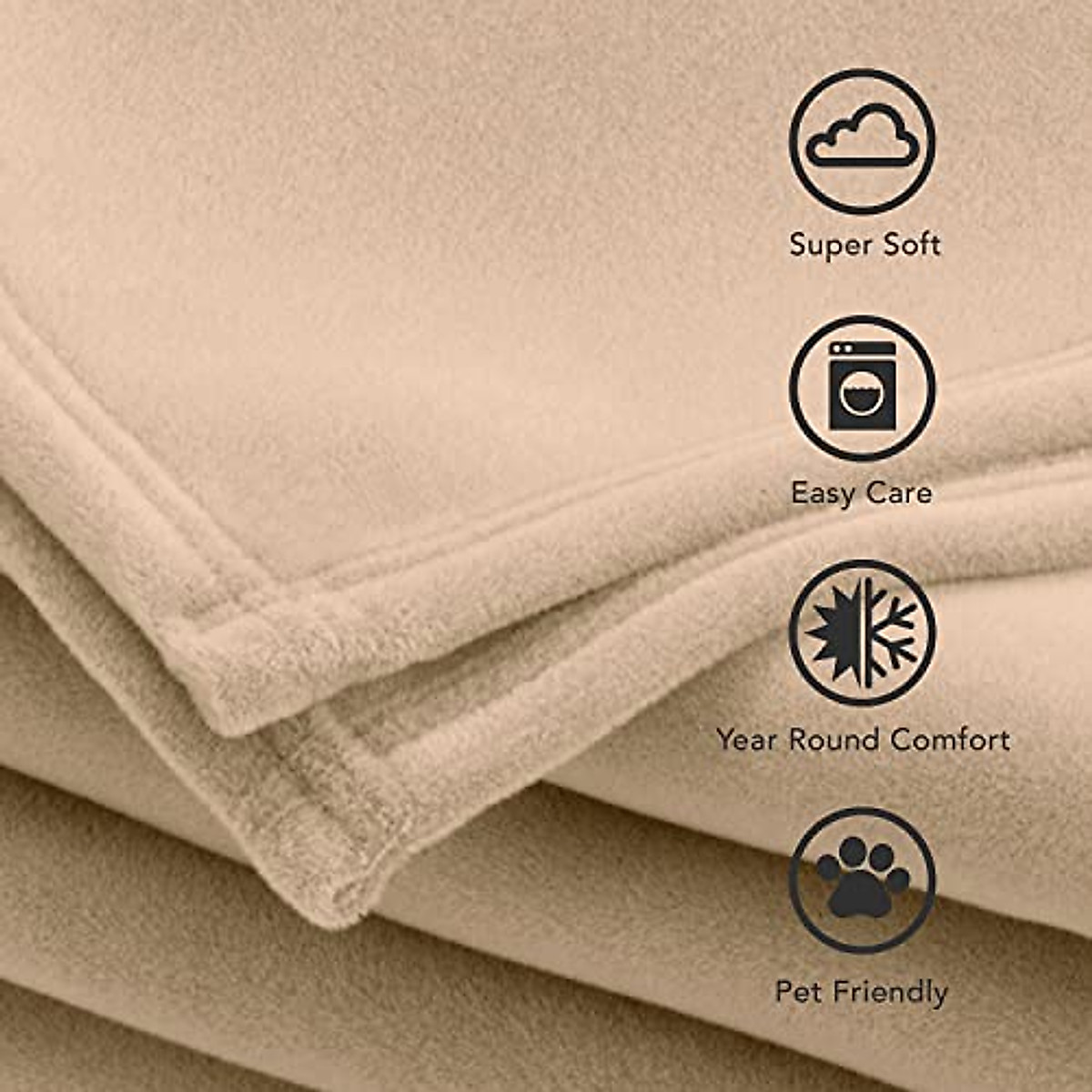 Vellux 1B07031 Original Insulating Core Hotel Style Solid blanket Machine Washable Soft Cozy Warm Thermal Durable Pet Friendly All Seasons Layering Bed Sofa Blankets, Full Queen, Beige