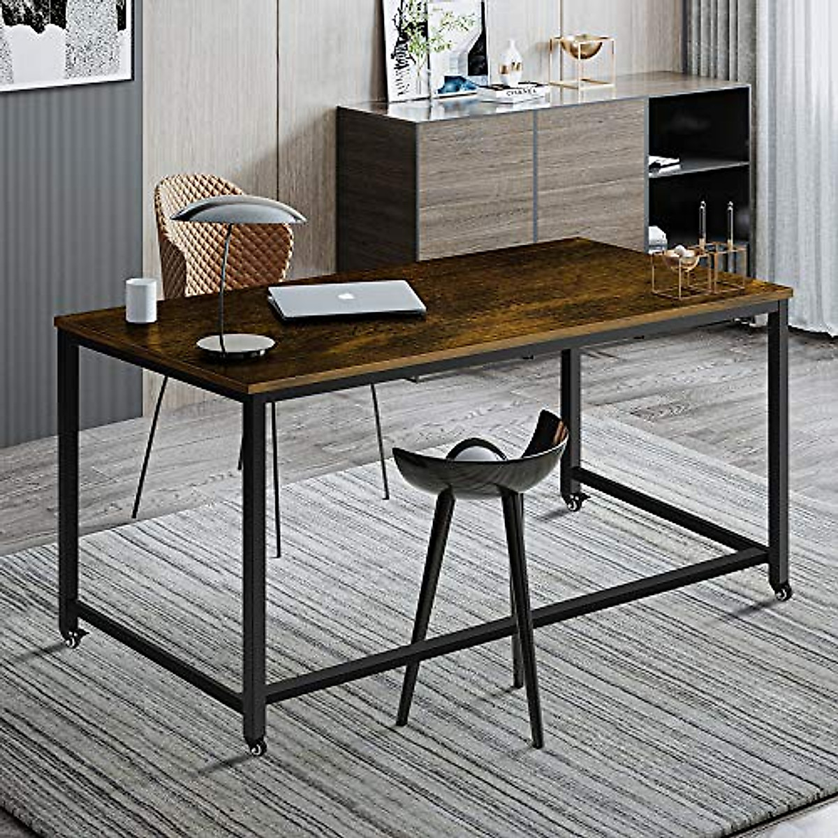 Coral Flower Computer Desk Writing Table Workstation with Durable Scratch-resistant Laminate Surface and Metal Frame, Brown