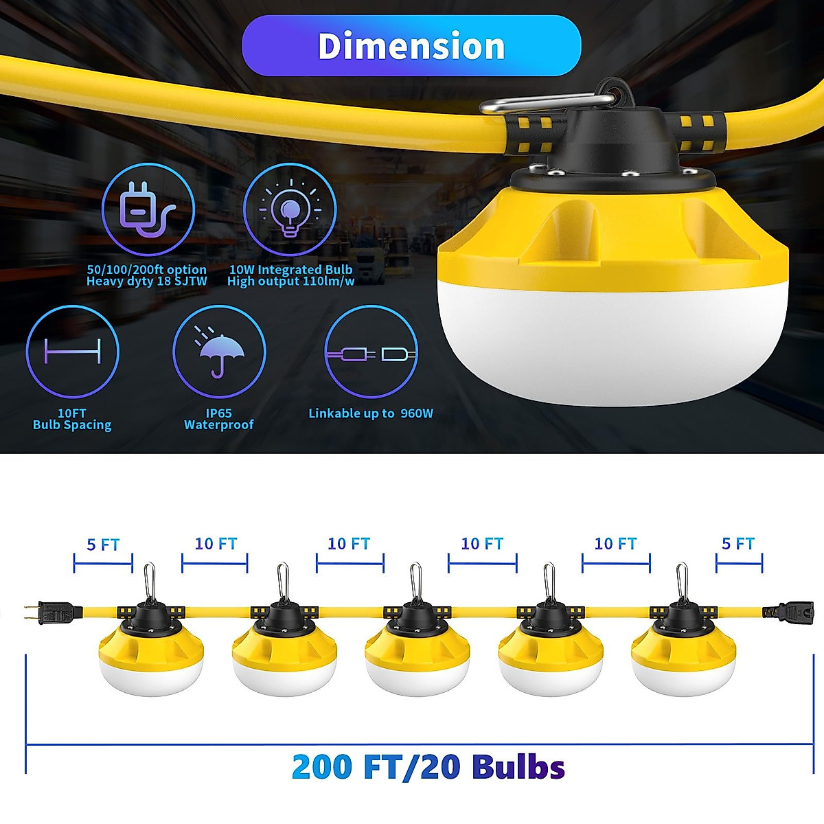 Guntsous 200FT LED Construction String Lights, 200W 22000LM,20 Sockets, Linkable Up to 16 Sets,Temporary Work Light for Job Site Workshop