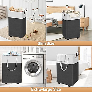 EpicTotes 24.4-Inches Rolling Slim Laundry Basket on Wheels, Collapsible & Waterproof Laundry Hamper, Freestanding Narrow Corner Clothes Bins with Easy Carry Handles for Clothes at Home, Grey