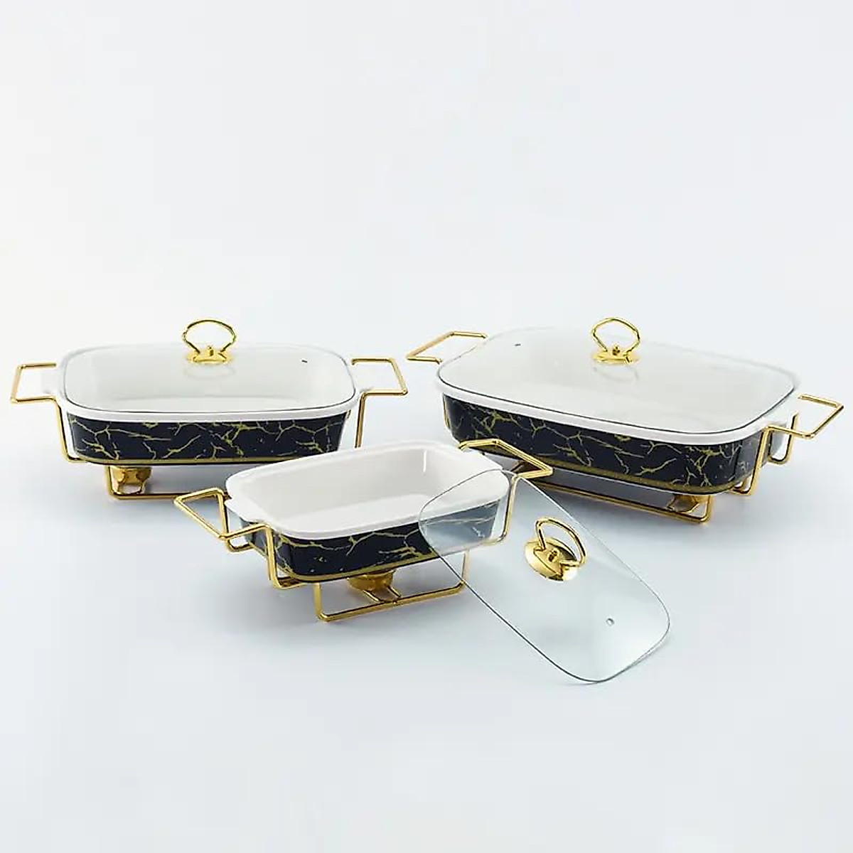 HONHPD 3PCS Rectangular Porcelain Casserole Warming Trays for Food, Ceramics Chafers, and Buffet Warmers Sets, Ceramics Chafing Dish Buffet Set, Green Marble Finish (11inch.13inch.15inch）