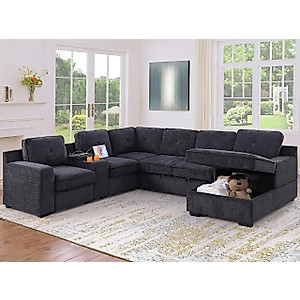Ball & Cast 120" Sofa Bed with Pull Out Storage,5 Seat Sectional Couch with Cup Holder & USB Port,2 in 1 Design,for Living Room,Lounge,Apartment,Dark Grey