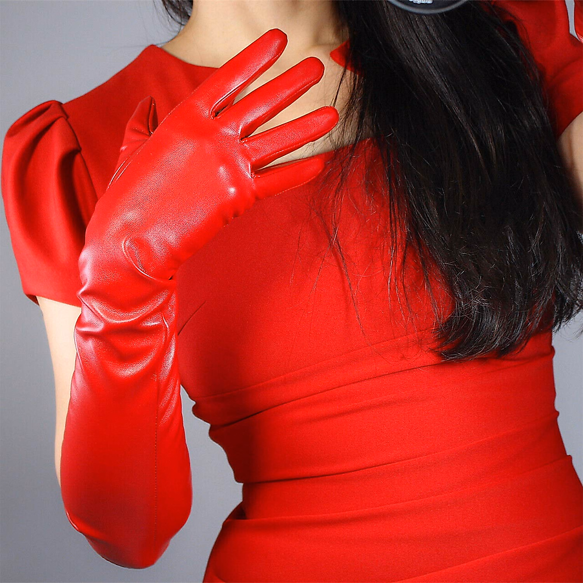 DooWayWomen Red Long Leather Gloves 20 inches Faux Lambskin Leather Elbow Length Cosplay Costume Party Gloves