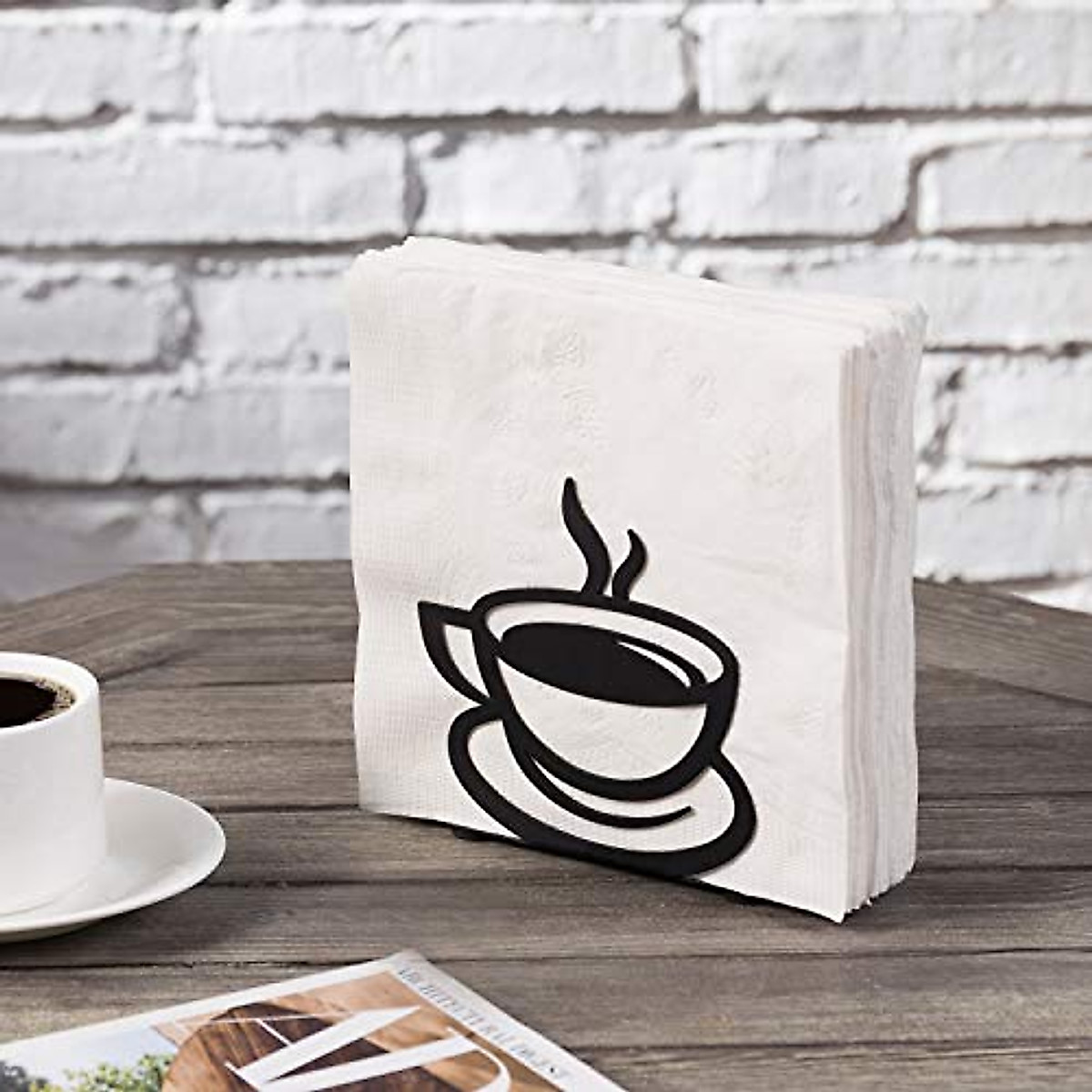 MyGift Black Metal Upright Dining Table Napkin Holder with Cafe Steaming Cup Cutout Design, Countertop Kitchen Coffee Bar Decor