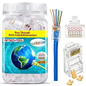 RJ45 23AWG Cat6a Cat6 Connector Gold Plated 8P8C Pass Through Ends UTP Network Plug for Unshielded Twisted Pair Solid Wire & Standard Cables | Transparent Passthrough Ethernet Connector (100Packs)