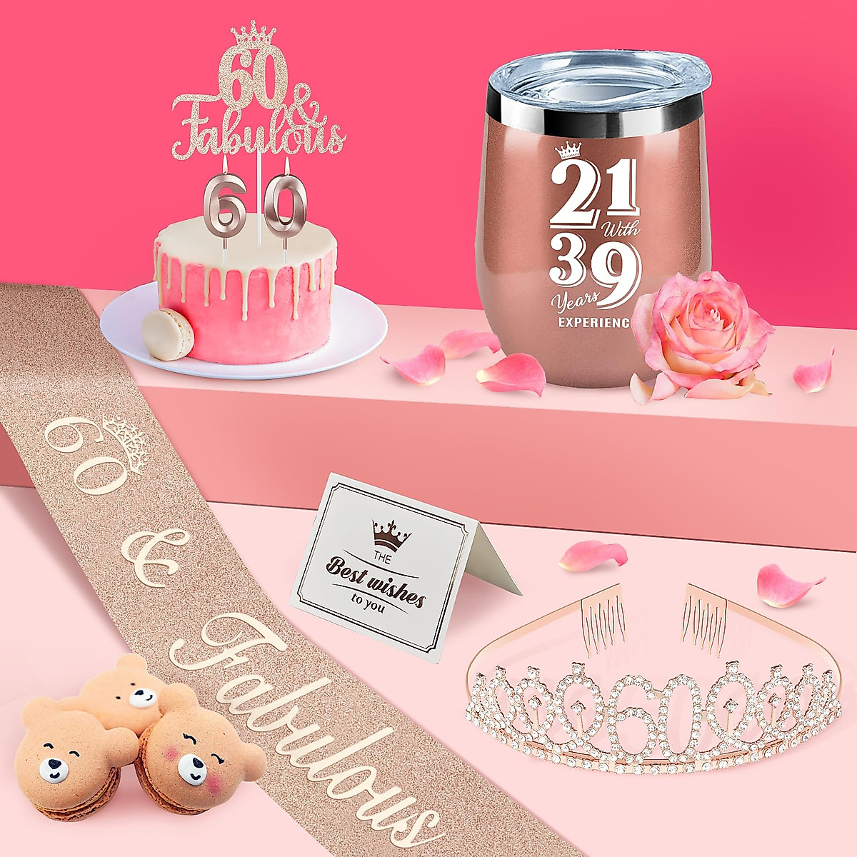 60th Birthday Decorations Gifts for Women Including Crown, Sash, Cake Topper, Candles and 12oz Wine or Coffee Tumbler Mug with Lid, Gifts for 60 Year Old Woman