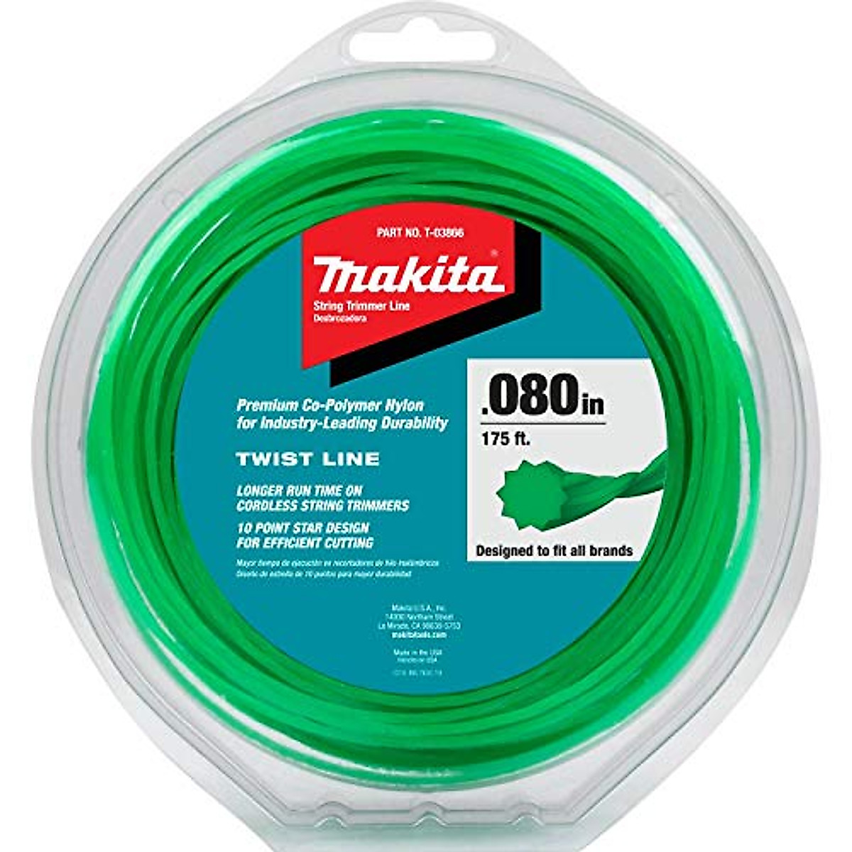 Makita T-03866 Twisted Trimmer Line, 0.080”, Green, 175’, 1/2 lbs.