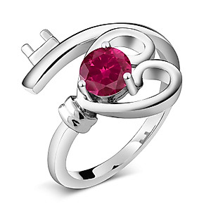 Gem Stone King 925 Sterling Silver Red Created Ruby Heart Key Ring (0.60 Cttw, Round 5MM, Available 5,6,7,8,9) (Size 5)