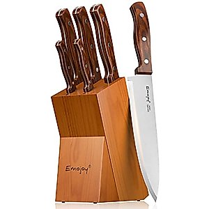 Emojoy Kitchen Knife Set,Knife Set for Kitchen with Block 6 Pcs High Carbon Stainless Steel Wooden Handle Knife Block Set without Steak Knives…