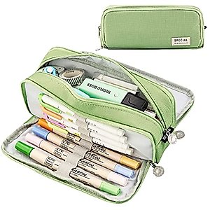 EHOPE Large Capacity Pencil Case 3 Compartments Pencil Pouch Portable Large Storage Canvas Pencil Bag for School Student Teen Girl Boy (Green)