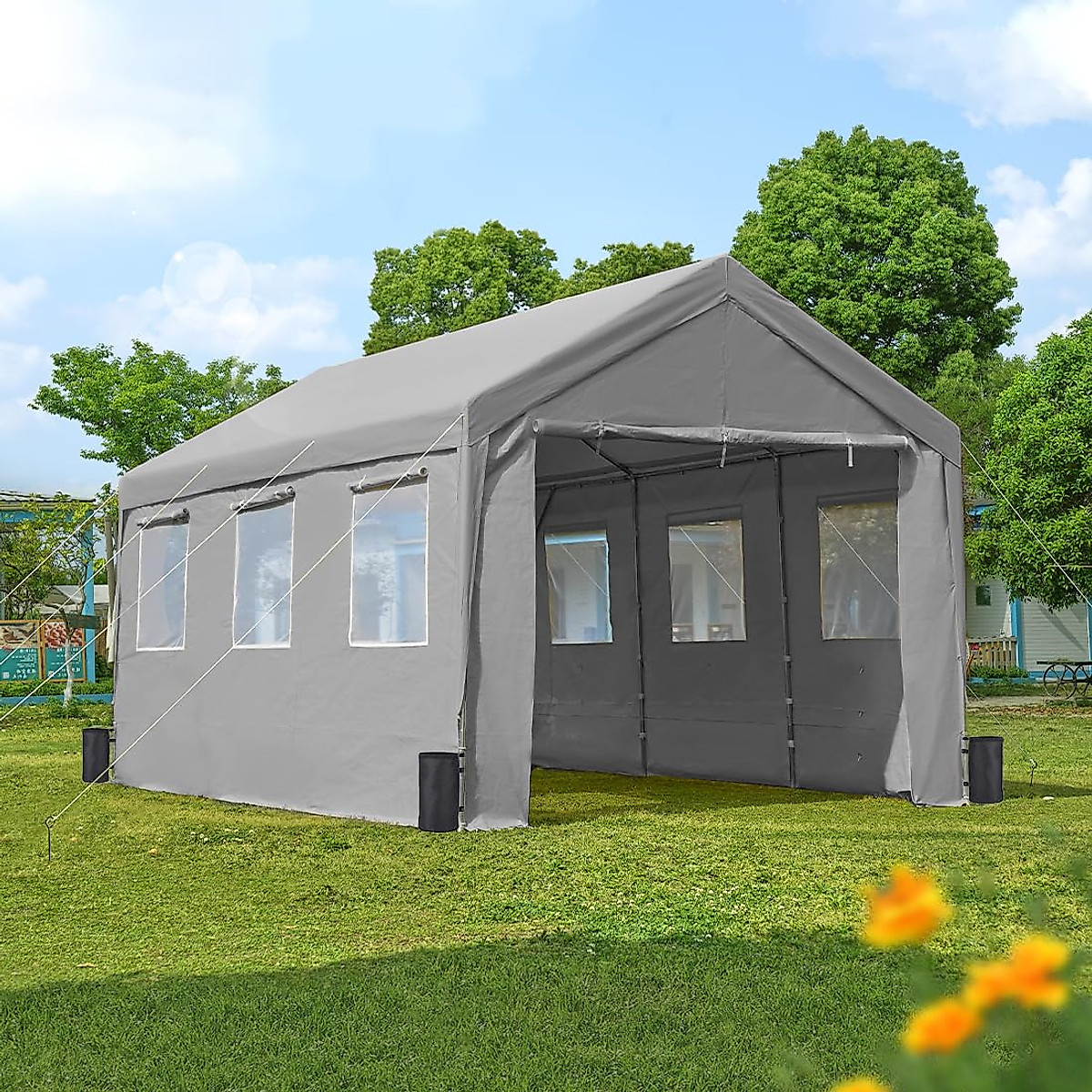 ADVANCE OUTDOOR 10'x20' Heavy Duty Adjustable Height Carport with 6 Roll-up Ventilated Windows & Removable Sidewalls Car Canopy Garage Boat Shelter Party Tent, Peak Height from 9.5ft to 11ft, Grey