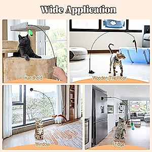 Cat Feather Toys, Interactive Cat Wand Toys with Super Suction Cup, Detachable 6 PCS Feather Refills Tail Bird Feathers with Bell, Cat Teaser Wand for Indoor Cats Kitten Play Chase Exercise (Set 1)