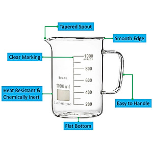 Labnique Glass Beaker with Handle, Beaker Mug with Pouring Spout, Double Graduated, 1000ml (33.8 oz / 4.2 cups)