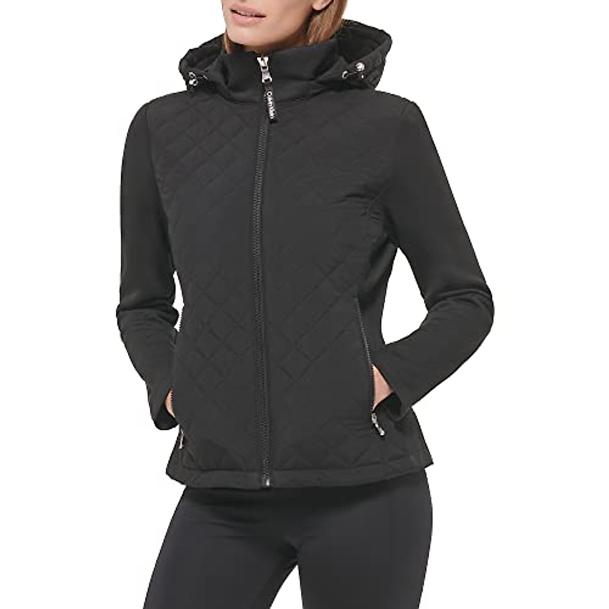 Calvin Klein Women's Scuba Sleeves Detachable Hood Zip PocketsQuilt, Black, Medium