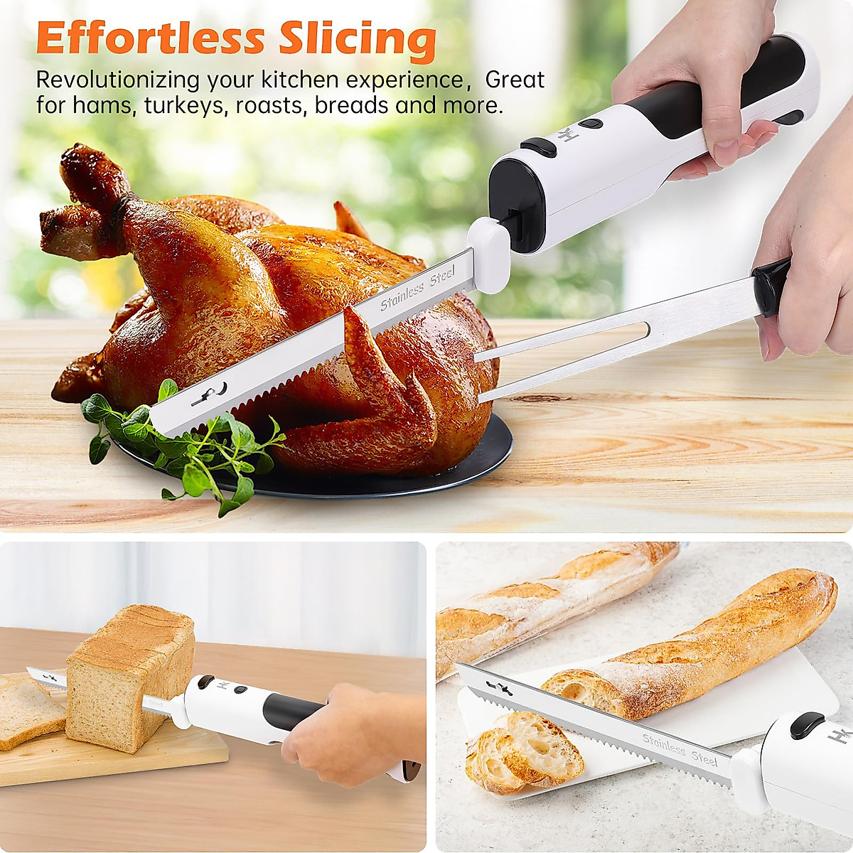 HK Cordless Electric Knife for Carving Meats, Poultry, Bread, Crafting Foam & More, Included Dual 304 Stainless Steel Blades, Fork, Foldable Cutting Board