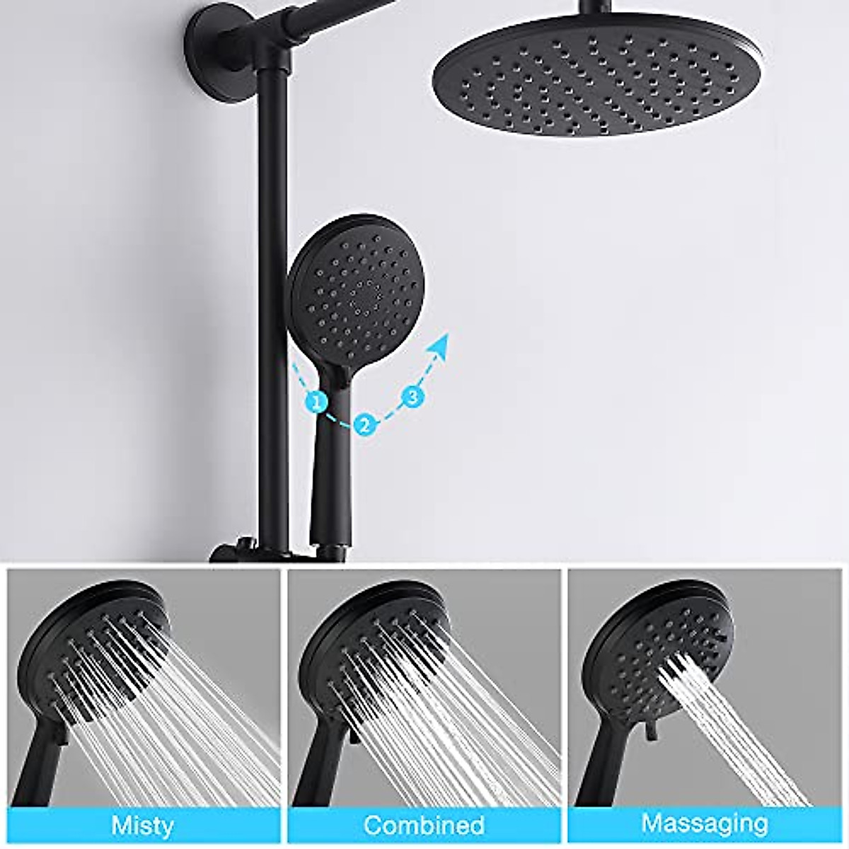 SOKA 9 Inch Rain Shower Head with Handheld Shower Head Bathroom Rain Shower System Dual Shower Combo 3-Setting Handheld Sprayer with Shower Hose Bathroom Shower Faucet Set with Slide Bar Matte Black