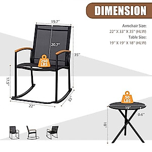 Shintenchi 3 Piece Outdoor Rocking Bistro Set, Textilene Fabric Small Patio Furniture Set, Front Porch Rocker Chairs Conversation Set with Table for Lawn, Garden, Balcony, Poolside (Black)