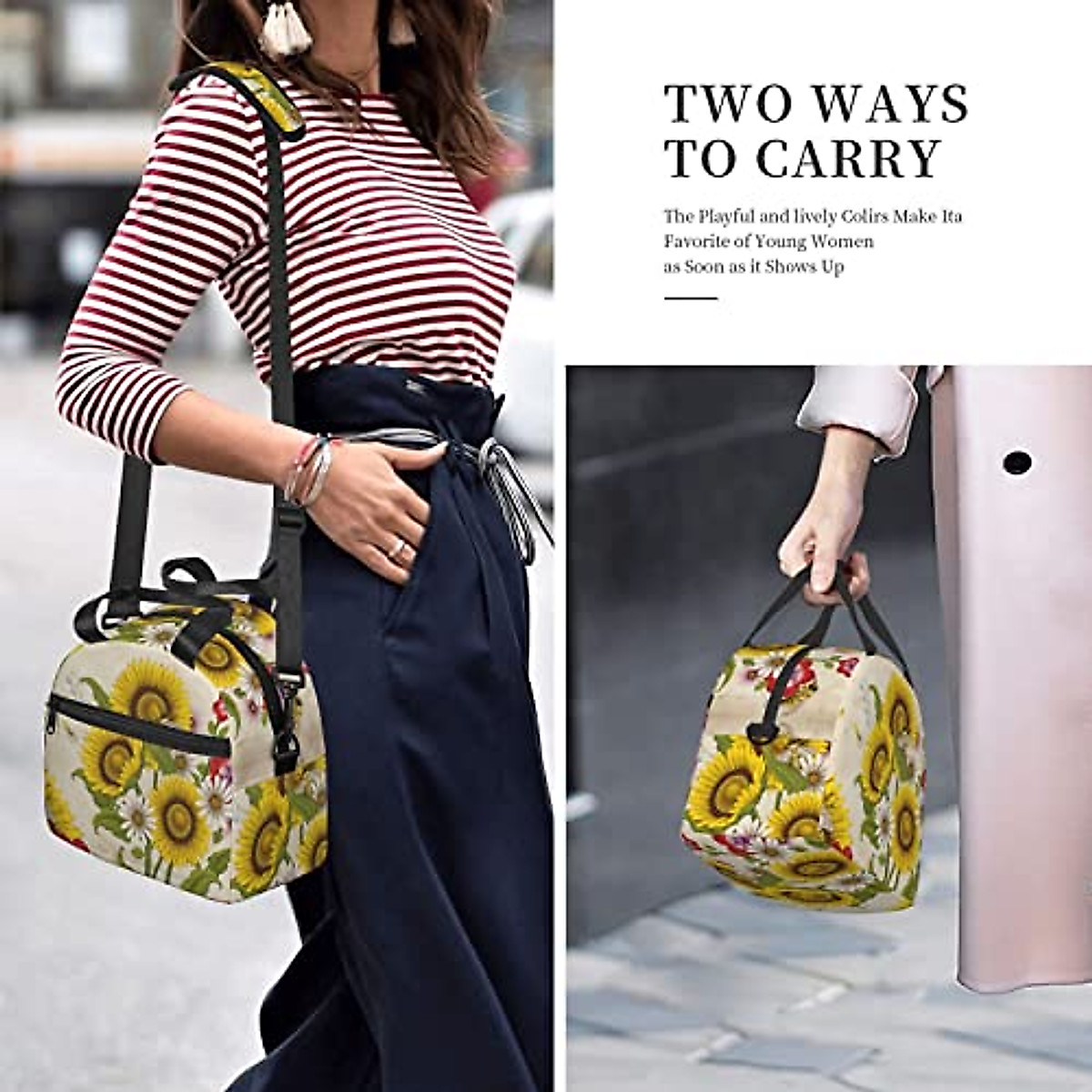 NOLACE Bees Sunflowers Daisy Rose Flowers Lunch Bag For Women & Men Adjustable Shoulder Strap,Leak Proof,Tote Bag For Office Work,Picnic