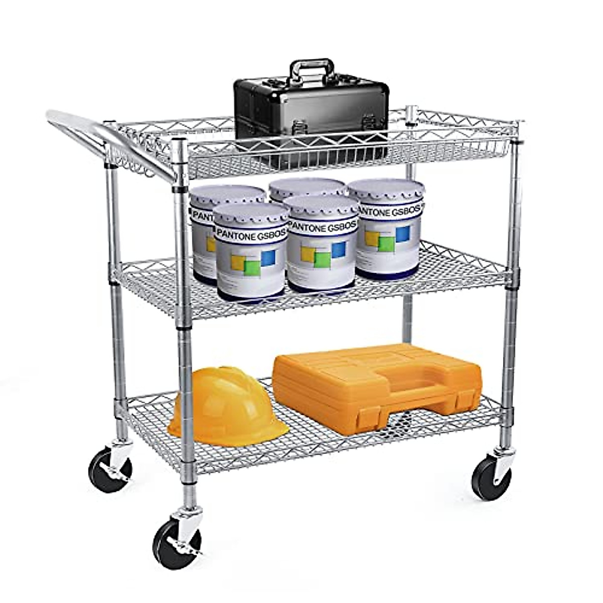WDT Heavy Duty 3 Tier Rolling Utility Cart, Kitchen Cart on Wheels Metal Serving Cart Commercial Grade with Wire Shelving Liners and Handle Bar for Kitchen Office Hardware