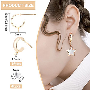 BENECREAT 16Pcs Real 18K Gold Plated Stud Earring Findings, Brass Half Hoop Earring Hook with Vertical Loops, 40Pcs Plastic Ear Nuts for Mother's Jewelry Earring Gift Making