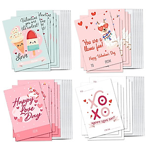 Mobiusea Creation Valentines Cards for Kids | 24 Cards with Envelopes | 3.5 x 5 | Funny and Cute | Llama, Ice Cream, Unicorn, XO for Valentines Day Cards, Kids School Valentines and Valentines Day