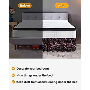 Valentine's Day Bed Skirt King Size 16 Inch Drop, Adjustable & Elastic Wrap Around Bed Skirts Pleated Luxury Dust Ruffles for Twin Full Queen Cal King Base Bed, Pink Black Romance Love Heart
