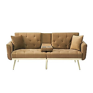 Verfur Button Tufted Convertible Futon Sofa Bed,Modern Velvet Upholstery Sleeper Couch Daybed with 2 Cup Holders and Square Armrests for Small Places Sofabed, Brown 72.4"