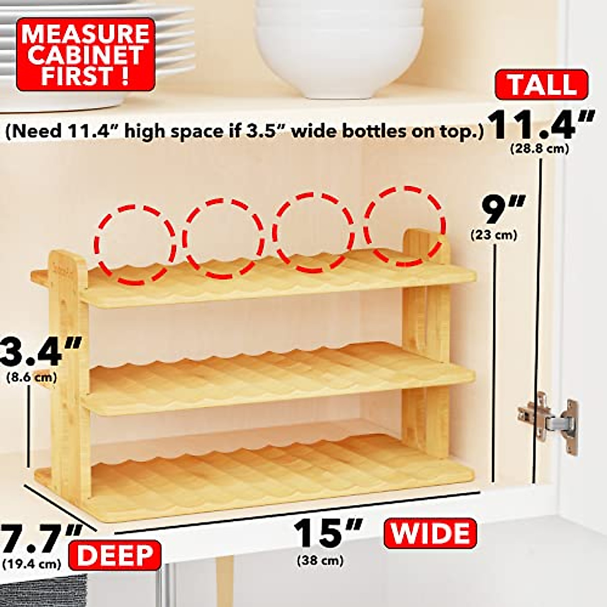 SpaceAid Bamboo Water Bottle Organizer with Labels, Kitchen Pantry Water Bottle Storage Rack for Cabinets, Home Cup and Wine Bottle Holder Shelf Organizers, (3-Tier, Hold 12 Bottles)