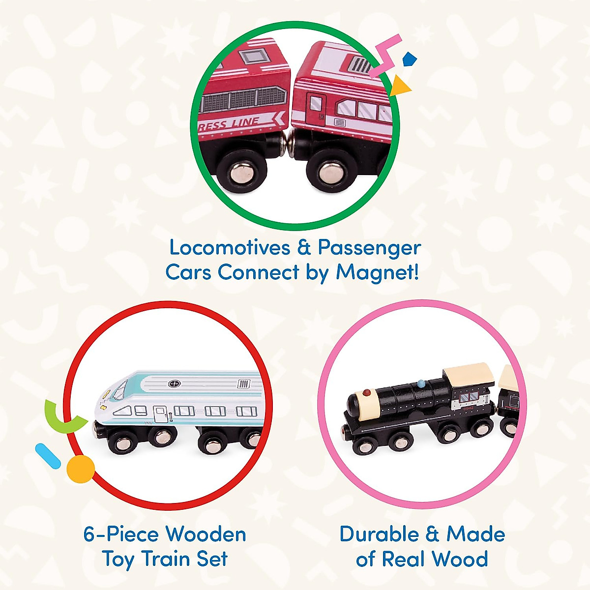 Battat – Classic Trains – 6Pc Wooden Railroad Set – Magnetic Toy Trains – Train Engines & Cars – 3 Years + – Wooden Passenger Trains