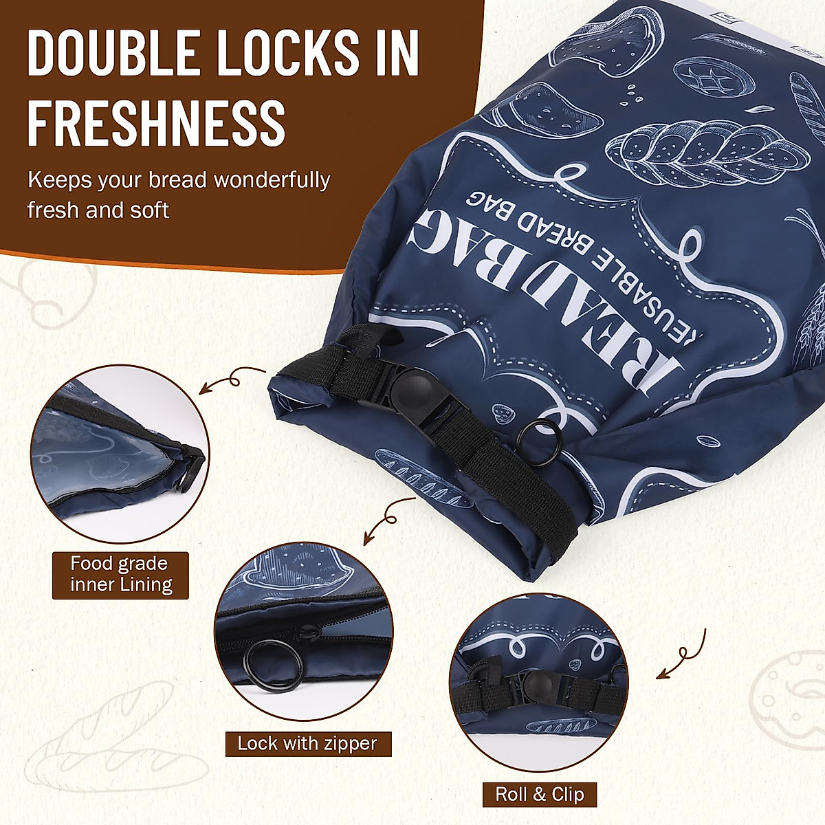 Ciciany Bread Bags, 2 Packs Bread Bags to Keep Fresh, Reusable Zipper for Homemade Loaf, Freezer Storage Bag, Container, Fresh Keeping Extra Large Bags, Food Bag