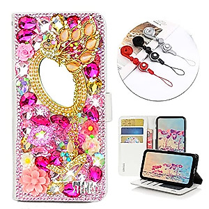 STENES Bling Wallet Phone Case Compatible with Samsung Galaxy Z Fold 2 5G - Stylish - 3D Handmade Girls Mirror Peacock Pendant Flower Leather Girls Women Cover with Neck Strap Lanyard [3 Pack] - Pink