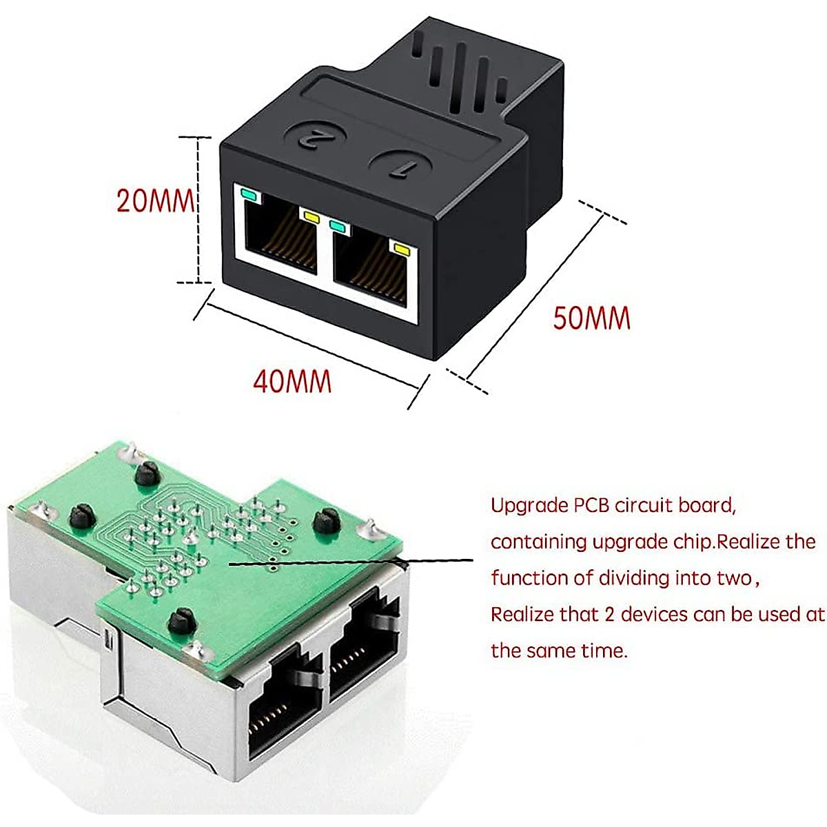 RJ45 Network Splitter Adapter,Wuedozue 1 to 2 Dual Female USB to RJ45 Port with USB Power Cable LAN Interface Ethernet Socket Connector 8P8C Extender Plug Go Online Simultaneously for Cat6, Cat7