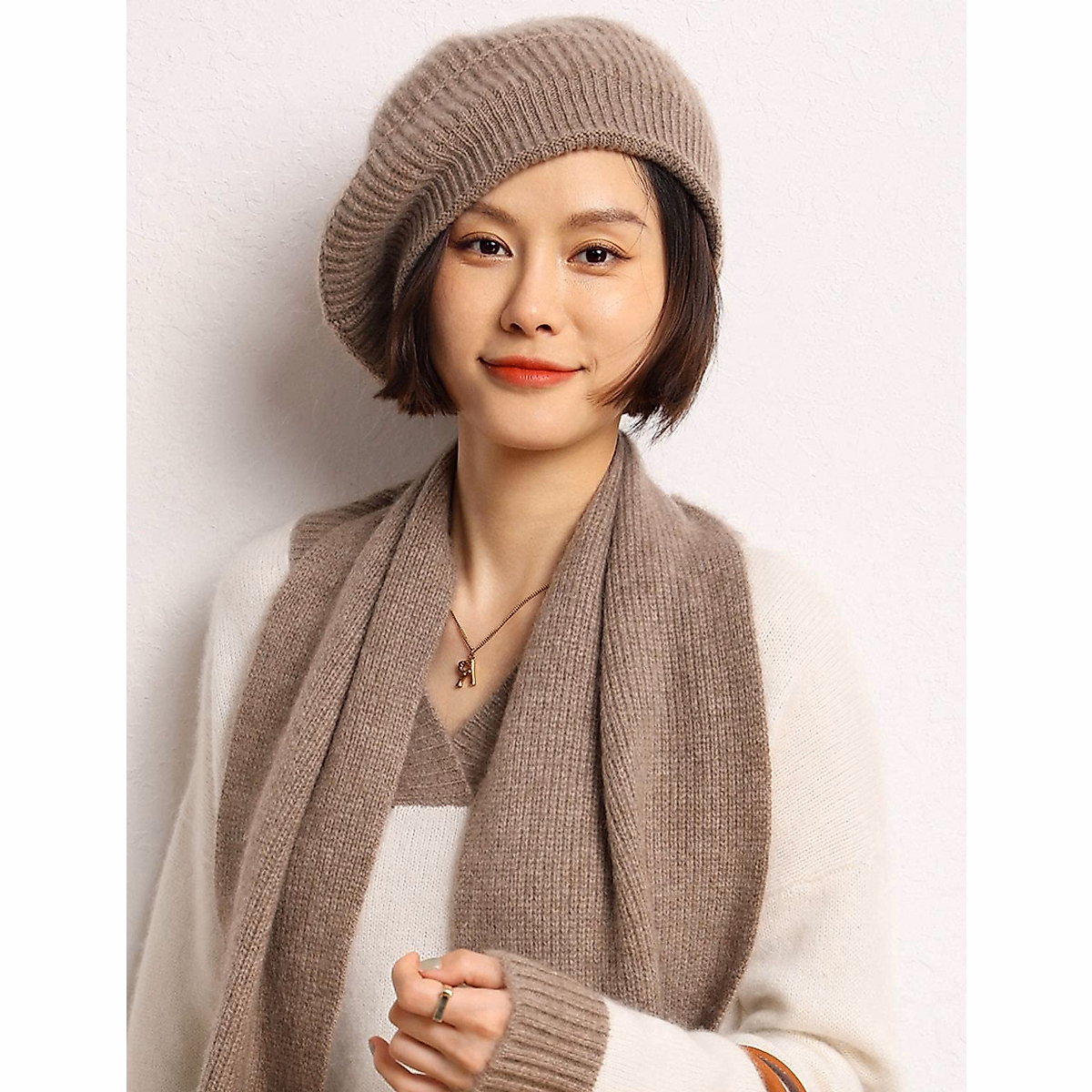 Ailaile Cashmere Berets Hats Women Winter Warm Merino Wool Knitted Oversized Beige Beanie