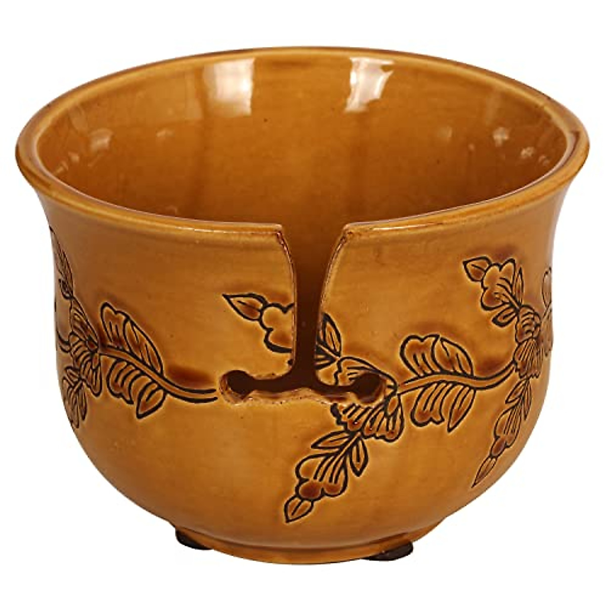 ABHANDICRAFTS Knitting Yarn Ball Storage Bowl Yellow Color Ceramic Yarn Bowl for Knitting and Crocheting with Hand Carved Floral Design