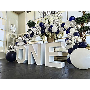 Silver Blue Balloons Garland Kit, 120 pcs Navy Blue and Silver Confetti White Balloons Arch with 16ft Tape Strip & Dot Glue for Party Wedding Birthday DIY Decoration