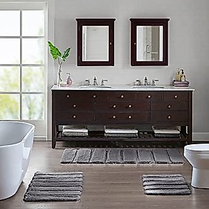 Madison Park Tufted Pearl Channel Absorbant Quick Dry - Washable Bath Mat, Casual Solid Shower Bathroom Rug, 21x34, Grey