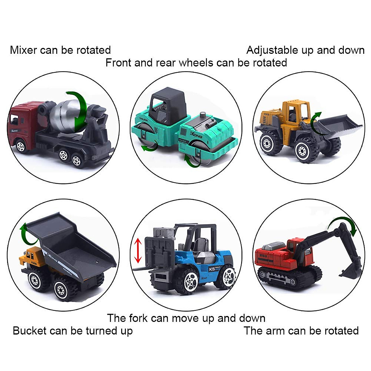 Odowalker Construction Trucks 6pcs Colorful Mini Assorted Construction Vehicles Alloy Diecast Car Sand Box Excavator Cement Dumper Bulldozer Forklift