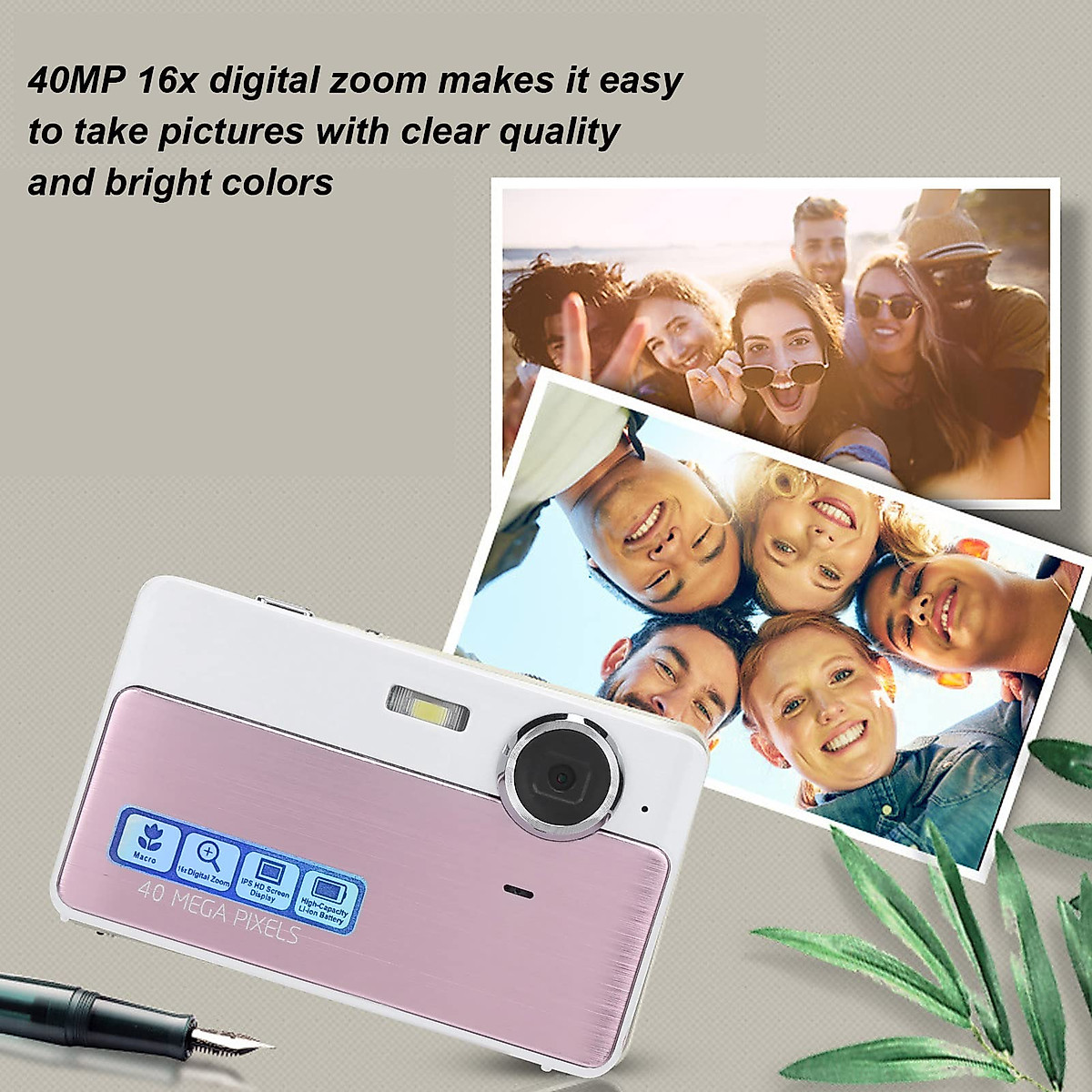 Beginner Digital Camera, 40MP Video, 16x Zoom, USB Rechargeable, Easy Download, Great School Students (Pink)
