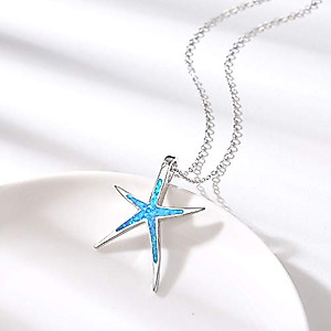 Cuoka Starfish Necklace, 925 Sterling Silver with Blue Opal, Hawaiian Beach Nautical Ocean Pendant, Starfish Jewelry Opal Jewelry Gifts for Women Girlfriend Daughter