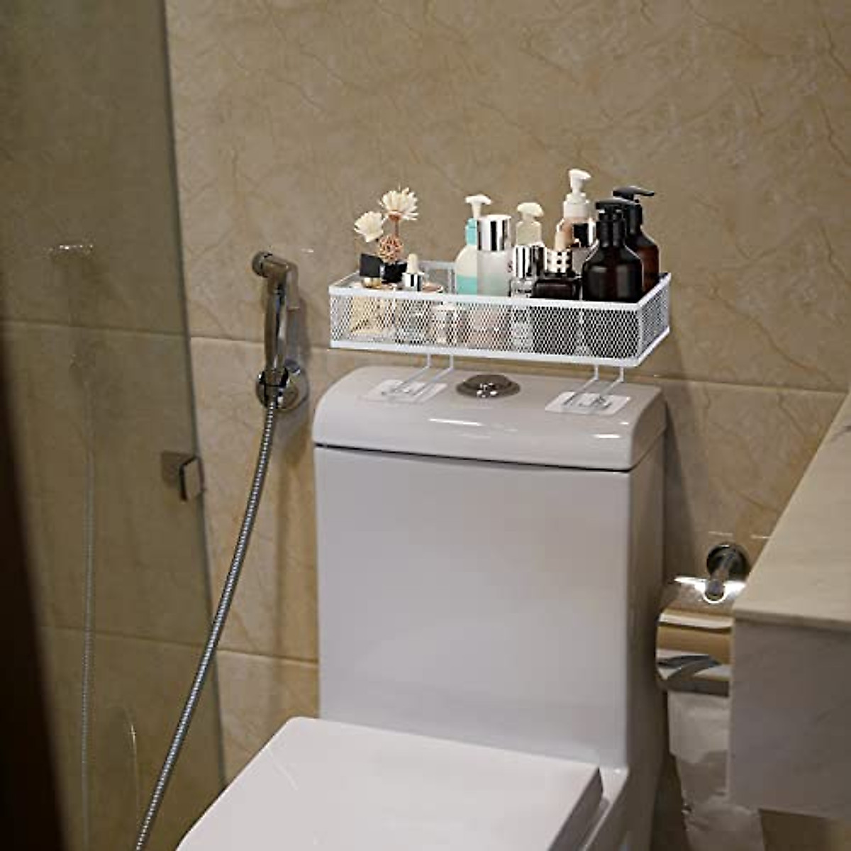 BSTKEY Metal Mesh Bathroom Over The Toilet Storage Shelf, Bathroom Storage Rack Toilet Tank Shelf Organizer with 2 Adhesive Hooks, Restroom Organizers Toilet Storage No Drilling Space Saver, White