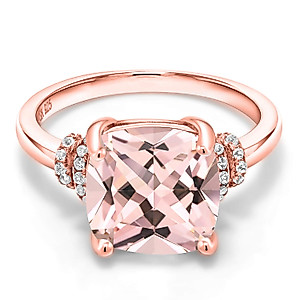 Gem Stone King 18K Rose Gold Plated Silver Peach Simulated Morganite Ring For Women (4.61 Cttw, Cushion Cut 10MM, Available In Size 5,6,7,8,9)