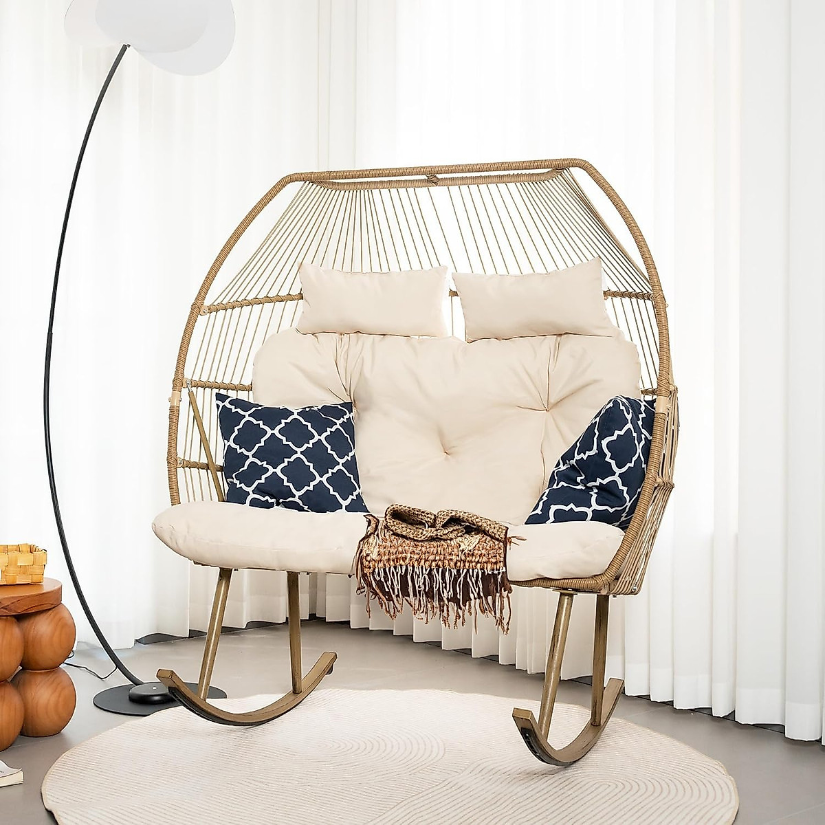 Sundale Outdoor Egg Chair, Rocking Double Egg Chair Outdoor Indoor, 2 Person Egg Loveseat Chair for Patio Balcony Porch Backyard (Beige)