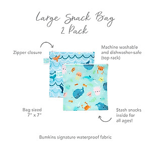Bumkins Reusable Sandwich and Snack Bags, for Kids School Lunch and for Adults Portion, Washable Fabric, Waterproof Cloth Zip Bag, Travel Pouch, Food-Safe Storage, Large 2-pk Blue Ocean Life