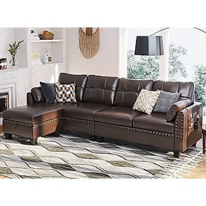HONBAY Faux Leather Sectional Sofa Couch Reversible L Shaped Couch Sofa 4 Seat Sofa Sectional Couch for Small Apartment