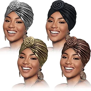 Frienda 4 Pieces Women African Headwraps Turbans Hat Women Pre-Tied Bonnet Turban Knot Beanie Cap Headwrap Hat for Women Favors, 4 Colors