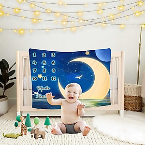 KIKIDOR Dreamy Moon Theme Baby Monthly Milestone Blanket Fantasy Crescent Moon Starry Sky New Baby Photo Backdrop New Baby Gifts for Baby Shower Newborn Growth Chart Flag Blanket 48x40inch BTZYKI98