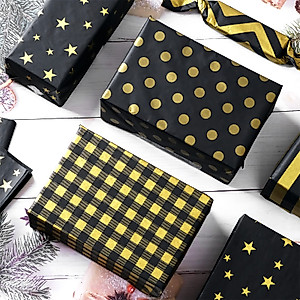 Bolsome 100 Sheets Gold Black Tissue Paper Bulk, 14"x20" Metallic Tissue Paper with Buffalo Plaid, Star, Stripe, Polka Dot, Wave Gold Design Patterned for 2023 Graduation Gift Wrapping